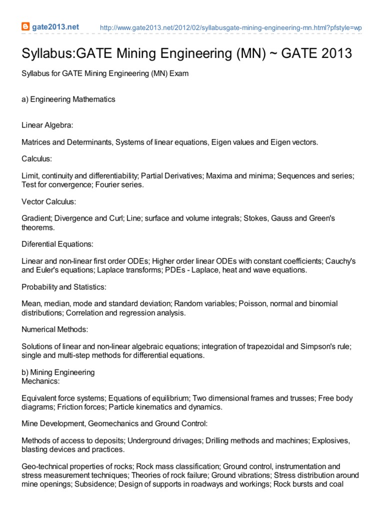 Syllabus:GATE Mining Engineering (MN) GATE 2013 | PDF | Equations | Mining