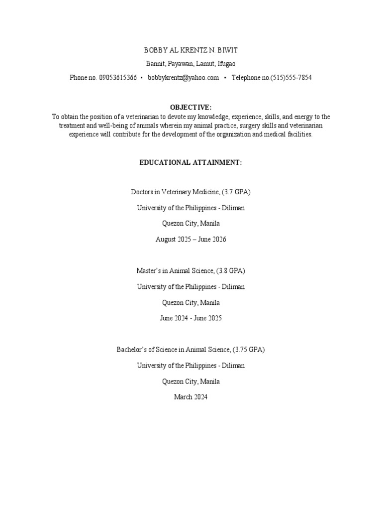 VET RESUME 4pgs (KALAHI DUMATTIC BIWIT) | PDF | Veterinary Medicine ...