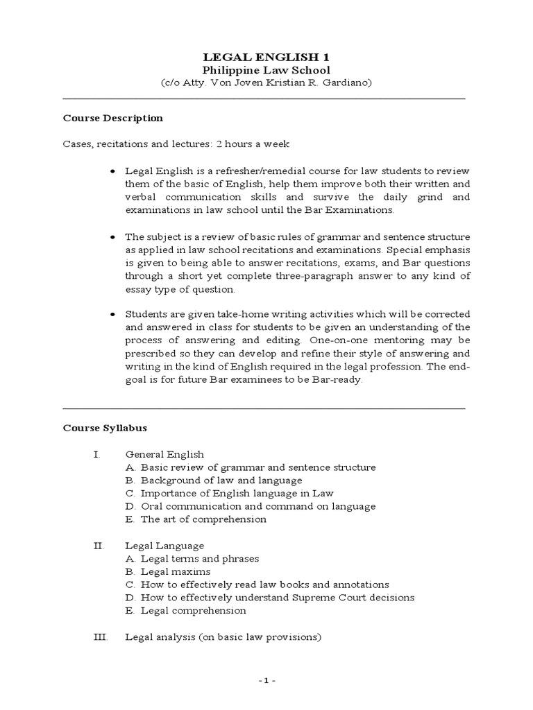 Legal English 1 Course Syllabus PDF | PDF | Law School | Test (Assessment)