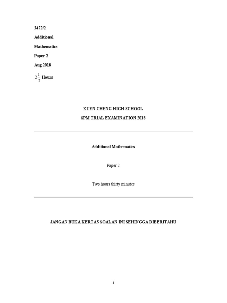 2018 Add Maths Trial Paper 2 PDF | PDF | Trigonometric Functions | Line ...