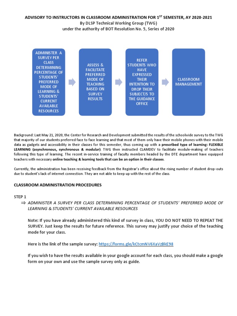 Advisory To Instructors in Classroom Administration For 1 SEMESTER, AY ...