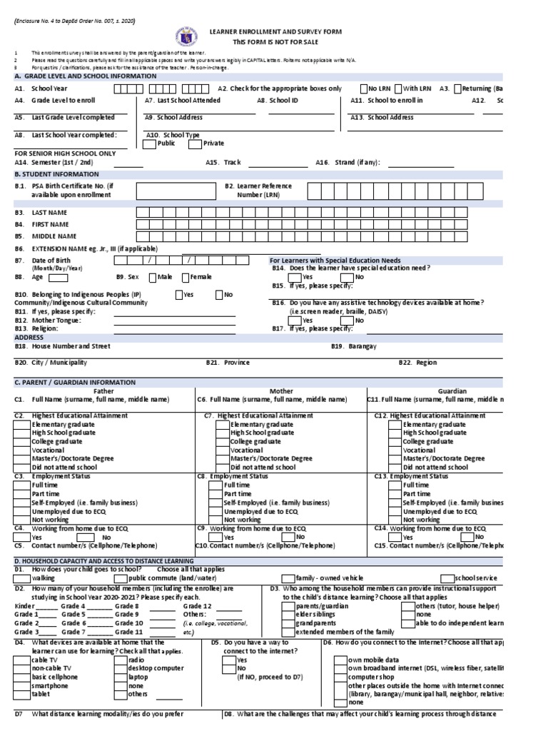 Learner Enrollment Survey Form 2020 | PDF | Internet Access | Media ...