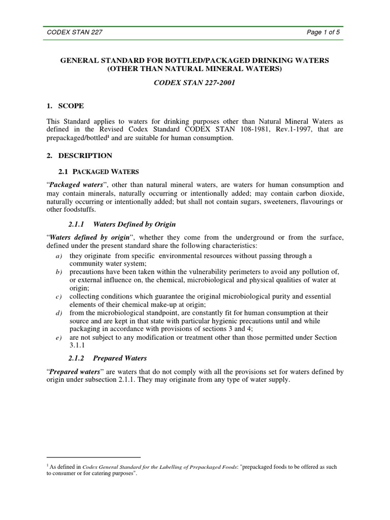 Codex Stan 227-2001 General Standard For Bottled Packaged Drinking ...