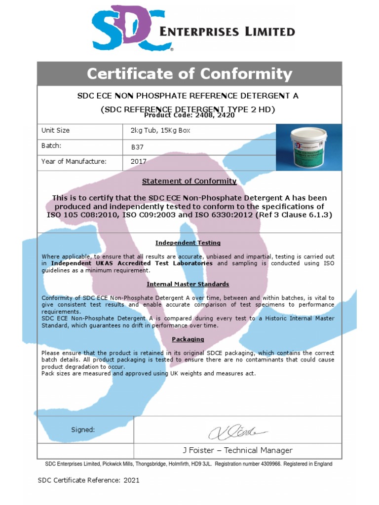 Certificate of Conformity: SDC Ece Non Phosphate Reference Detergent A (SDC Reference Detergent ...