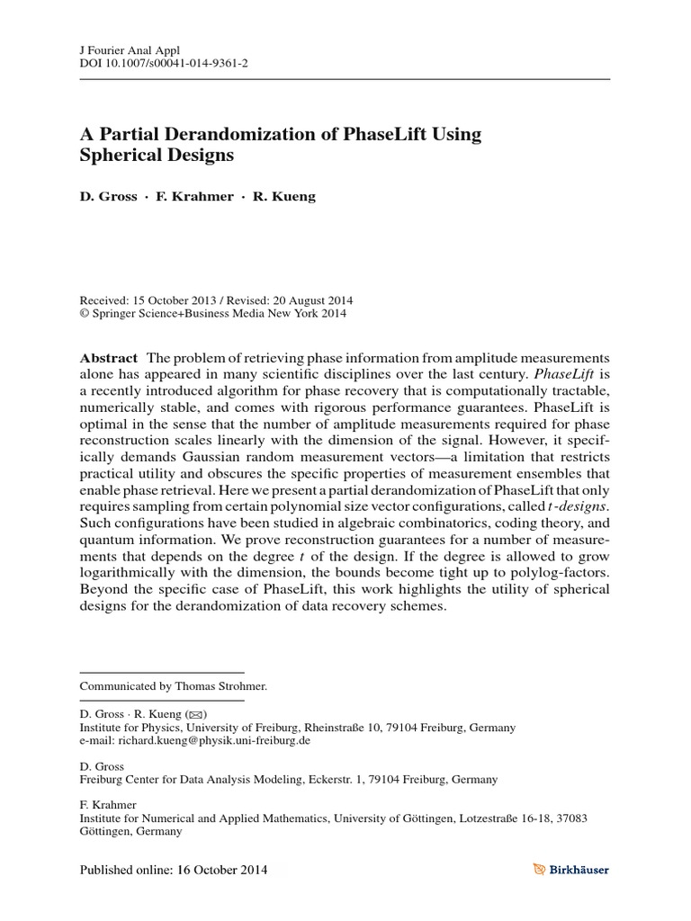 A Partial Derandomization of Phaselift Using Spherical Designs | PDF | Tensor | Vector Space