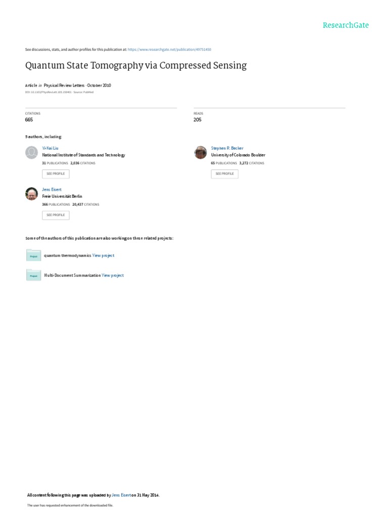 Quantum State Tomography Via Compressed Sensing | PDF | Matrix ...
