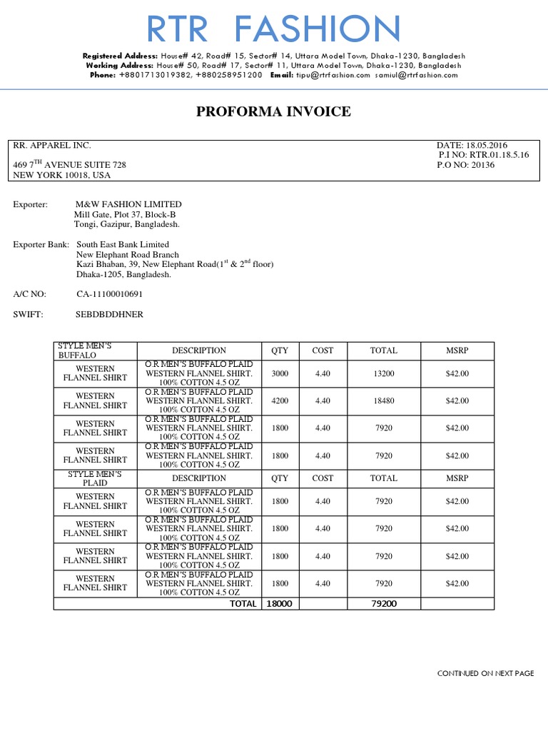 Proforma Invoice: TOTAL 18000 79200 | PDF | Textiles | Clothing