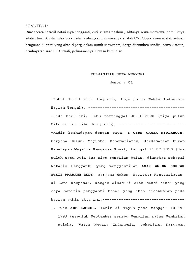 Perjanjian Sewa Menyewa (KLMPK Bli Gung Redy, Pace, Bang Indra) | PDF