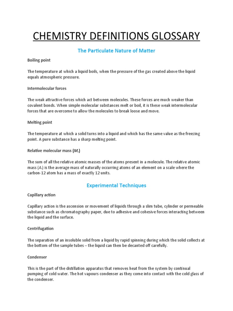 Chemistry Definitions Glossary: The Particulate Nature of Matter | PDF ...