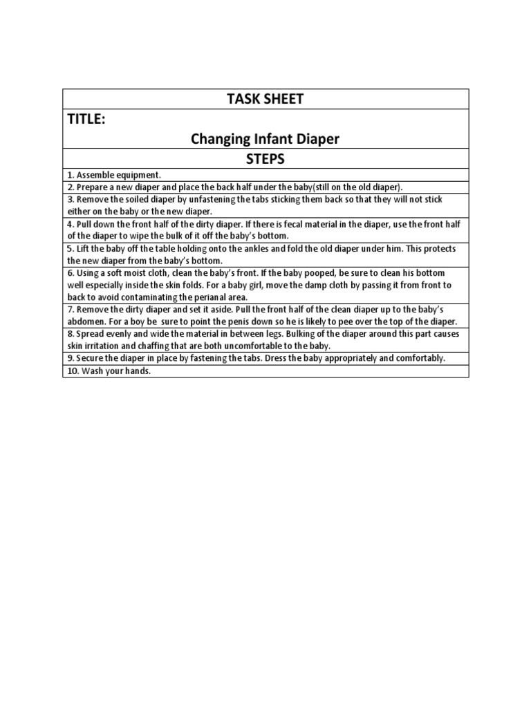 Task Sheet Title: Changing Infant Diaper Steps | PDF | Diaper | Clothing
