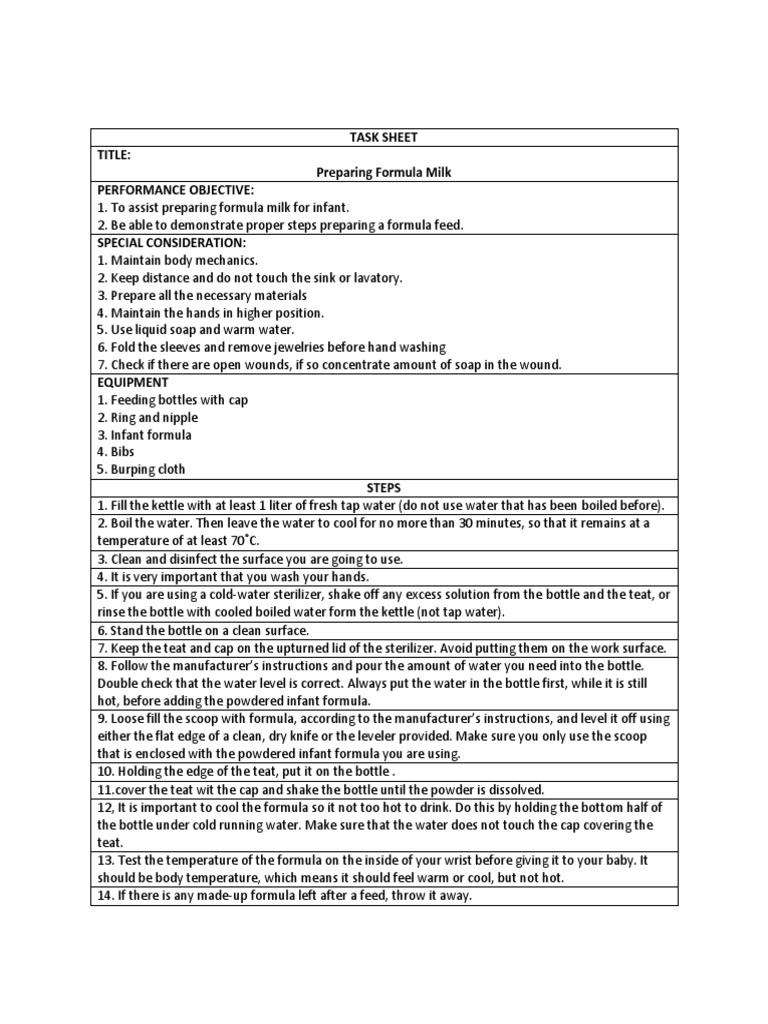 Task Sheet Title: Preparing Formula Milk Performance Objective | PDF ...