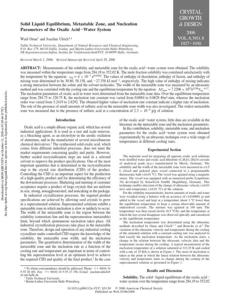 Solid Liquid Equilibrium, Metastable Zone, and Nucleation Parameters of ...