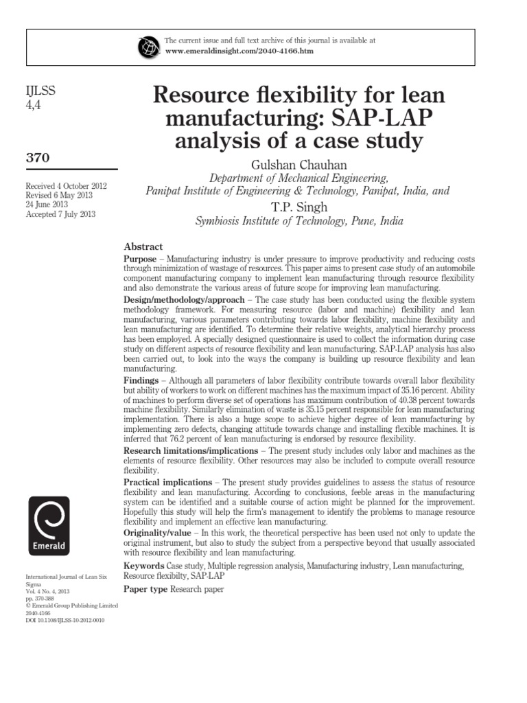 Chauhan 2013, Resource Flexibility For Lean Manufacturing SAP-LAP ...