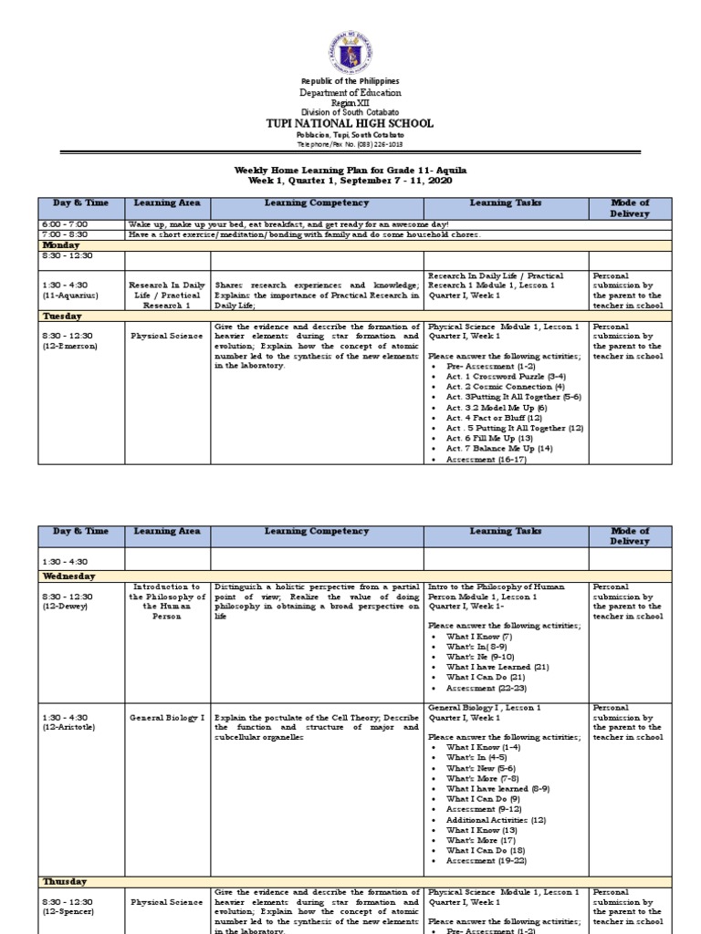 Weekly Home Learning Plan | PDF | Learning | Science