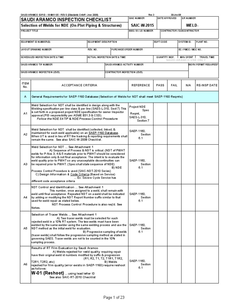 Saudi Aramco Inspection Checklist: Selection of Welds For NDE (On-Plot ...
