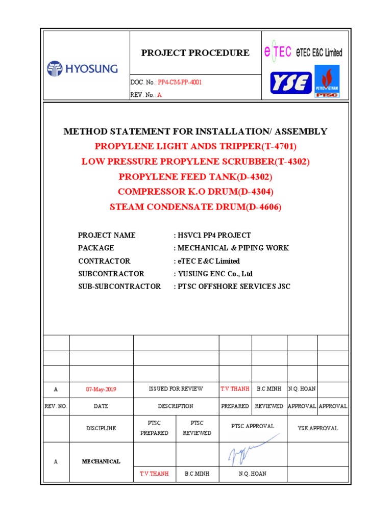 Method Statement For Static Equipment (T-4701, T-4302, D-4302, D-4304 ...