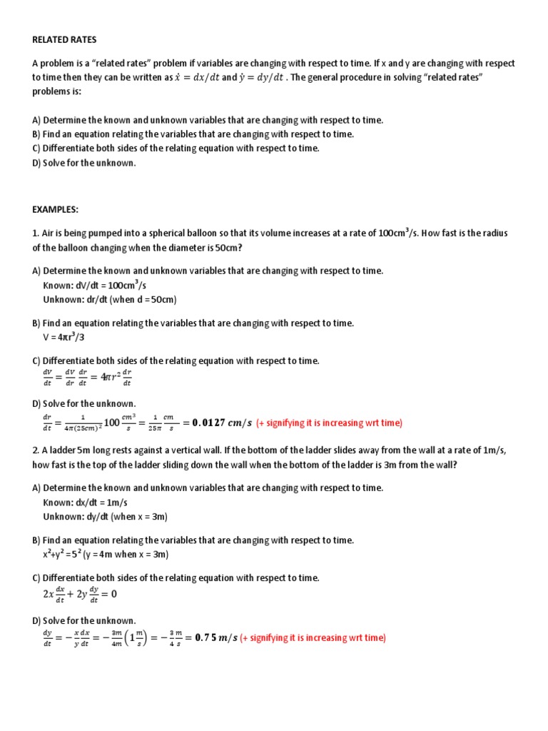 Related Rates: (+ Signifying It Is Increasing WRT Time) | PDF | Volume ...
