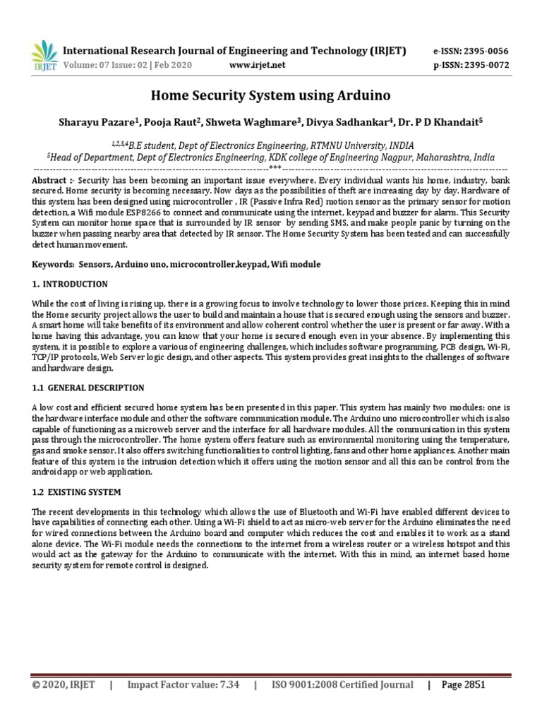 IRJET Home Security System Using Arduino PDF | PDF | Wi Fi | Arduino