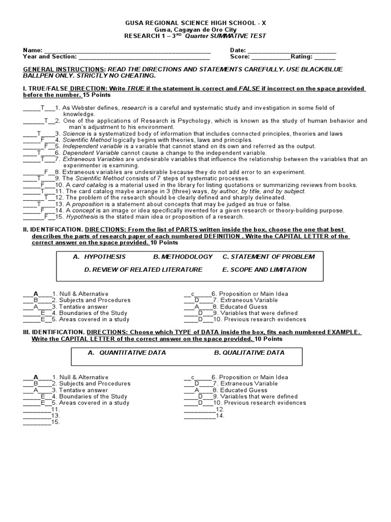 Research - 1st Quarter Summative Test With KEYS | PDF | Null Hypothesis ...