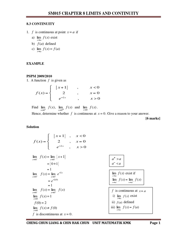 Sm015 Chapter 8 Limits and Continuity: A X X F F A F X F | PDF | Continuous Function | Discrete ...