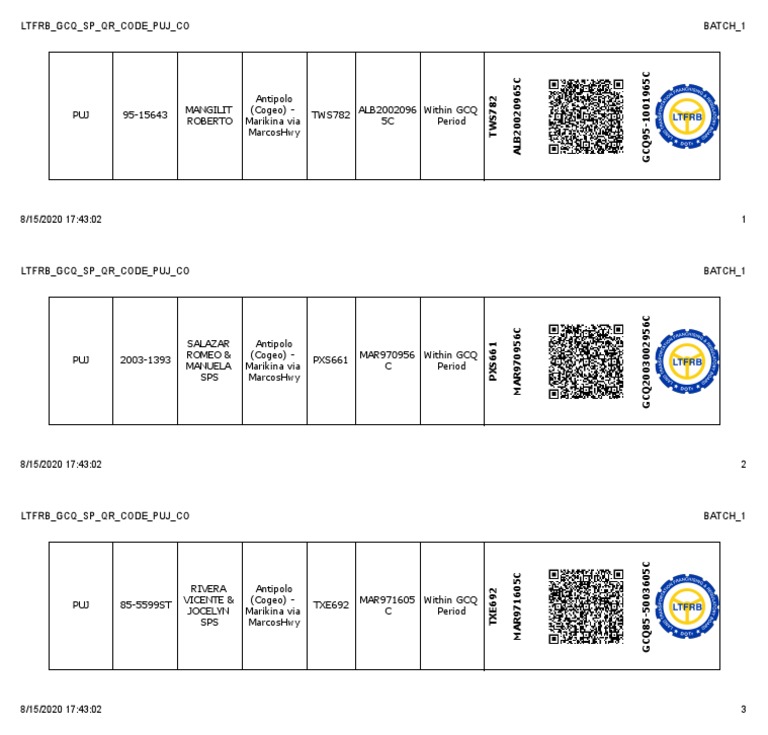 LTFRB GCQ SP QR Code Puj Co-Batch 1 PDF | PDF