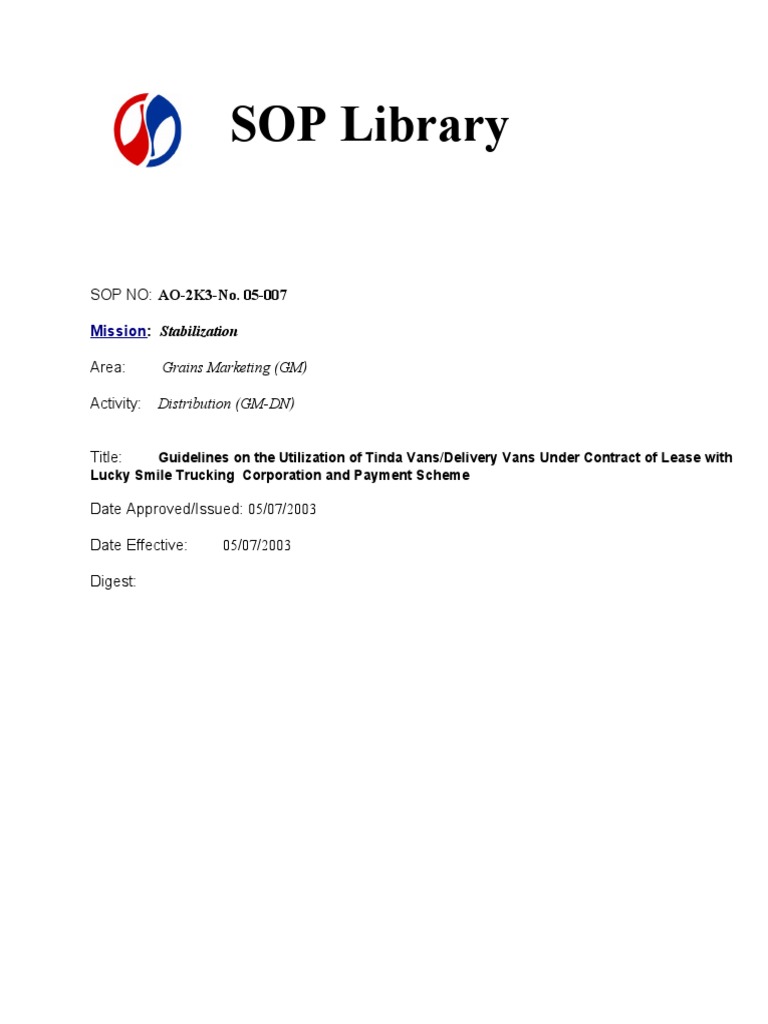 Guidelines On The Utilization of Tinda Vans Delivery Vans Under Contrct ...