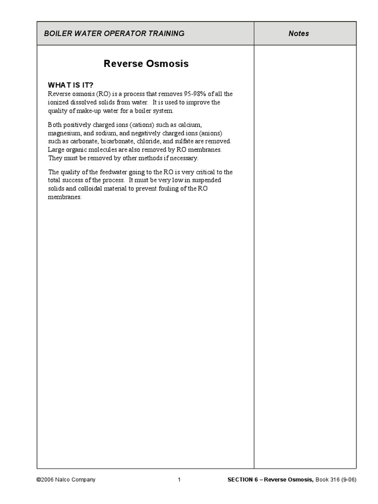 Reverse Osmosis: Boiler Water Operator Training Notes | PDF | Membrane ...