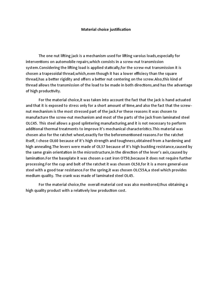 Material Choice Justification | PDF | Screw | Strength Of Materials
