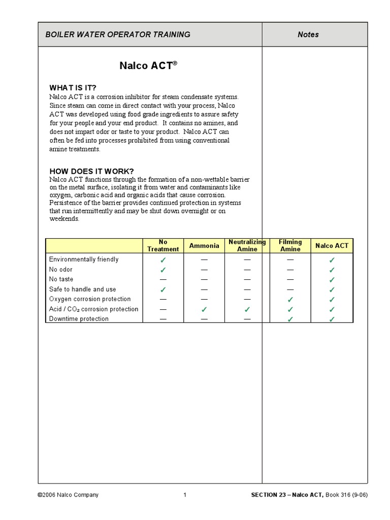 Nalco ACT: Boiler Water Operator Training Notes | PDF | Corrosion | Boiler
