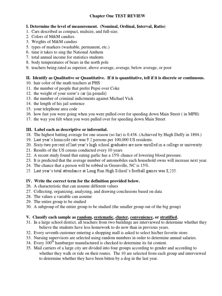 Day 3 Test 1 Review Sheet PDF | PDF | Level Of Measurement | Stratified ...