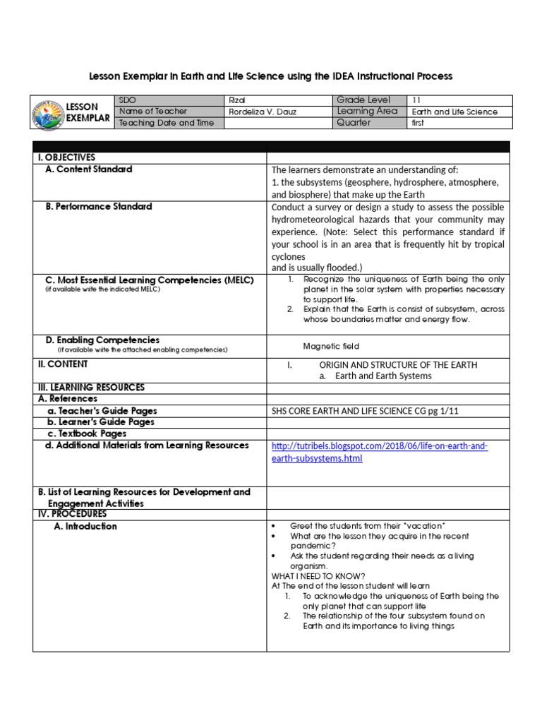 Lesson Exemplar in Earth and Life Science Using The IDEA Instructional ...
