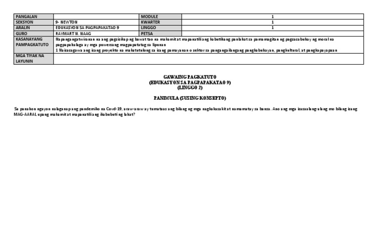 LEARNING ACTIVITY SHEET-GRADE 9-ESPweek 2 | PDF