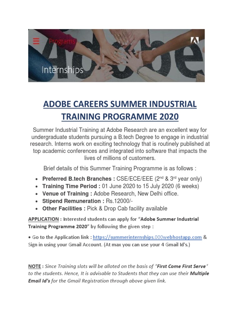Adobe Summer Training for B.Tech Students | PDF