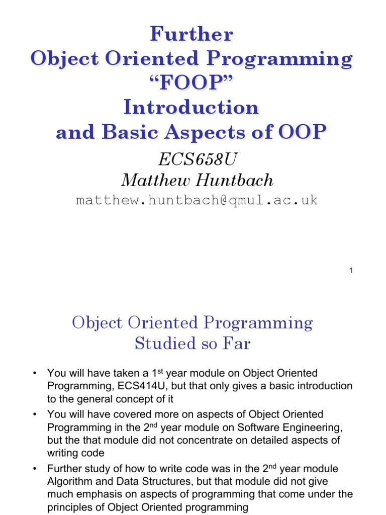 Further Object Oriented Programming Foop And Basic Aspects Of Oop