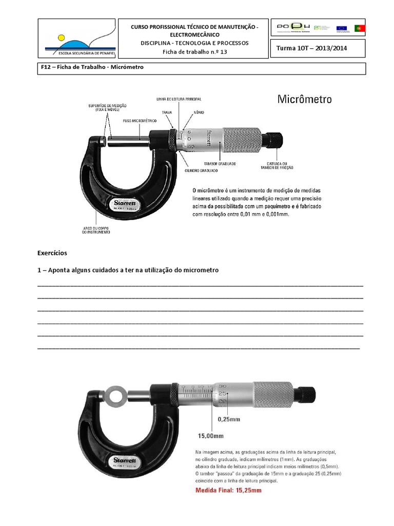 F13 - Ficha de Trabalho Micrómetro | PDF