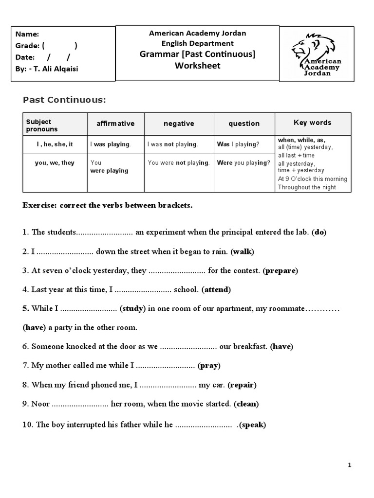 Grammar (Past Continuous) Worksheet | PDF