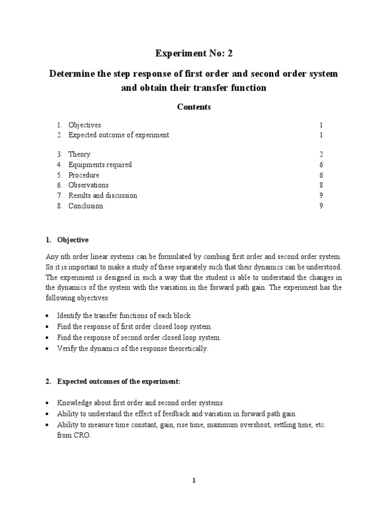 Experiment No: 2 Determine The Step Response of First Order and Second Order System and Obtain ...