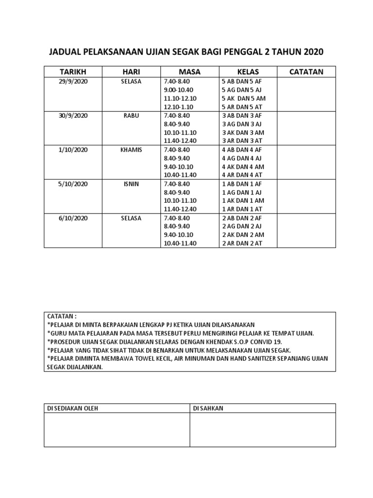 Jadual Pelaksanaan Ujian Segak Bagi Penggal 2 Tahun 2020 | PDF