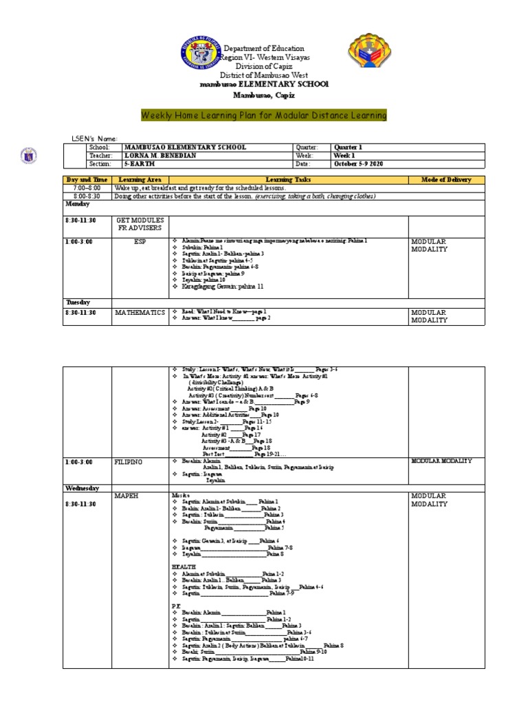 Weekly Home Learning Plan For Modular Distance Learning | PDF ...