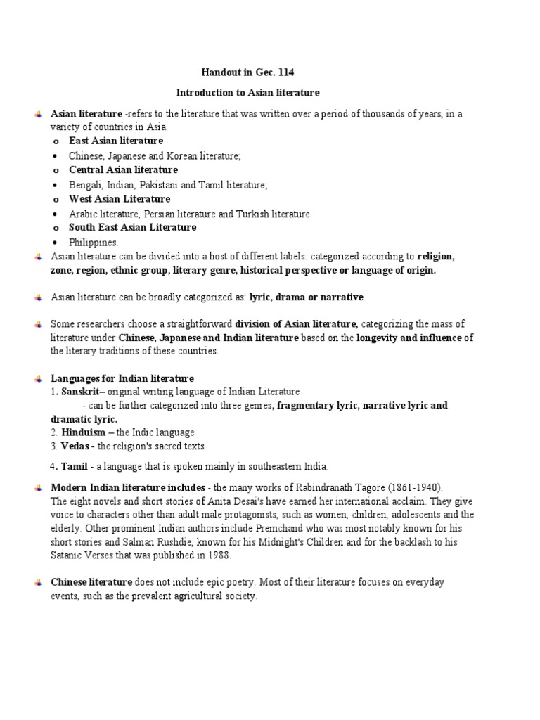 Handout For Asian Literature | PDF | Indian Literature | Chinese Literature
