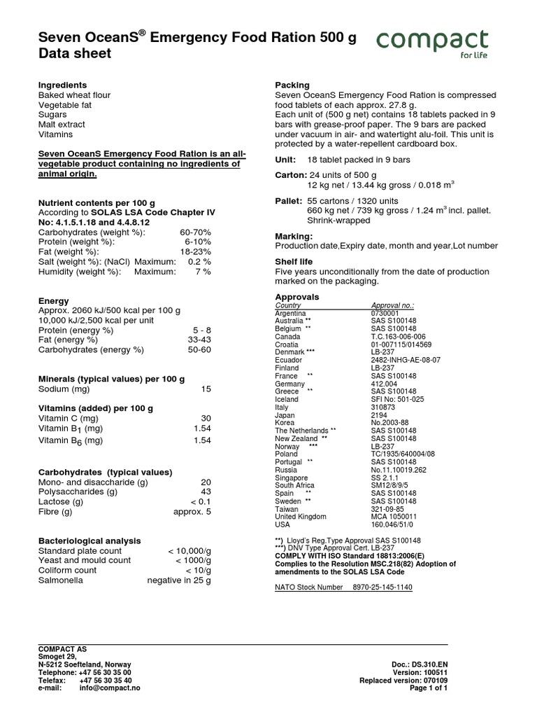 Seven Oceans Emergency Food Ration 500 G Data Sheet: Country Approval ...