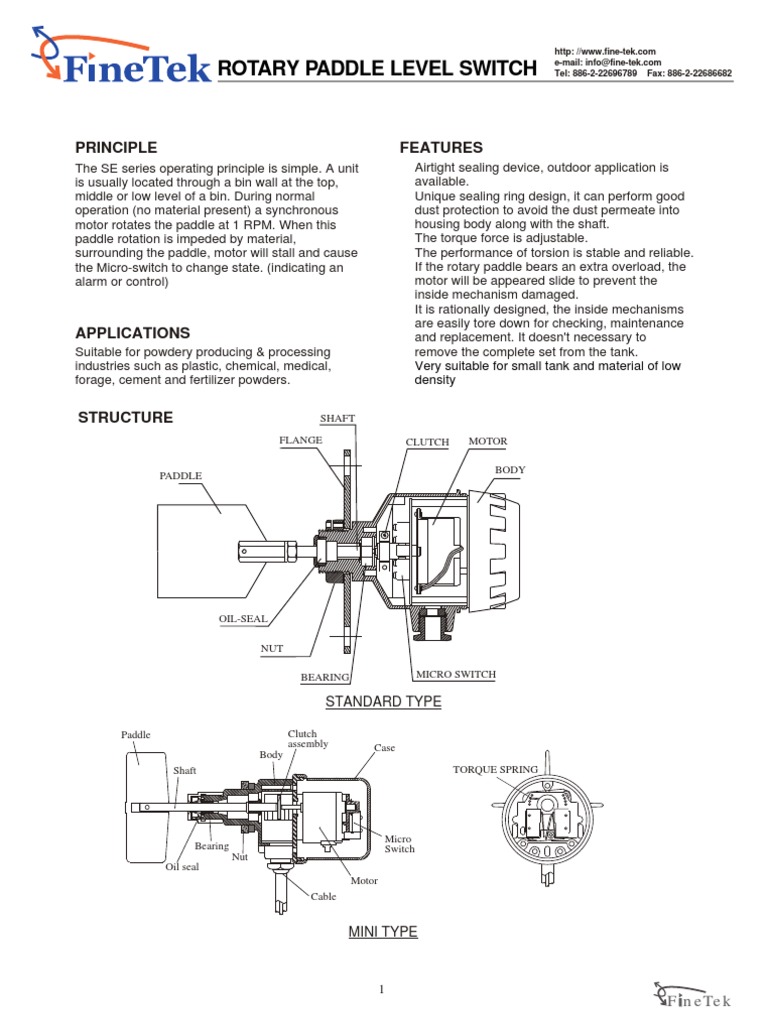 Rotary Paddle Level Switch | PDF | Electric Motor | Switch