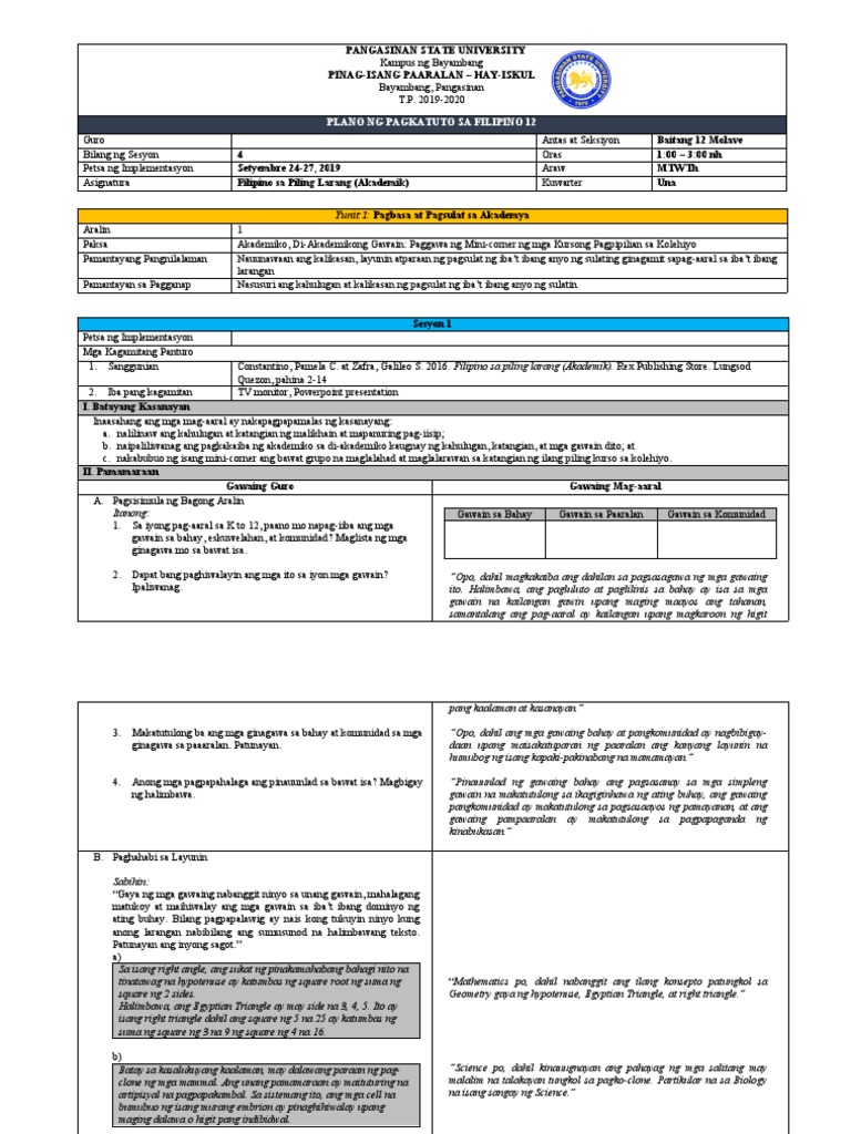 Sample Lesson Plan Filipino 12 | PDF