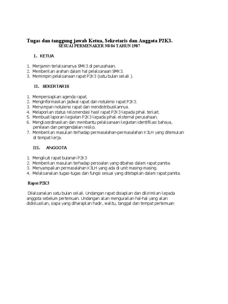 Tugas Dan Tanggung Jawab P2K3 | PDF | Karier & Perkembangan