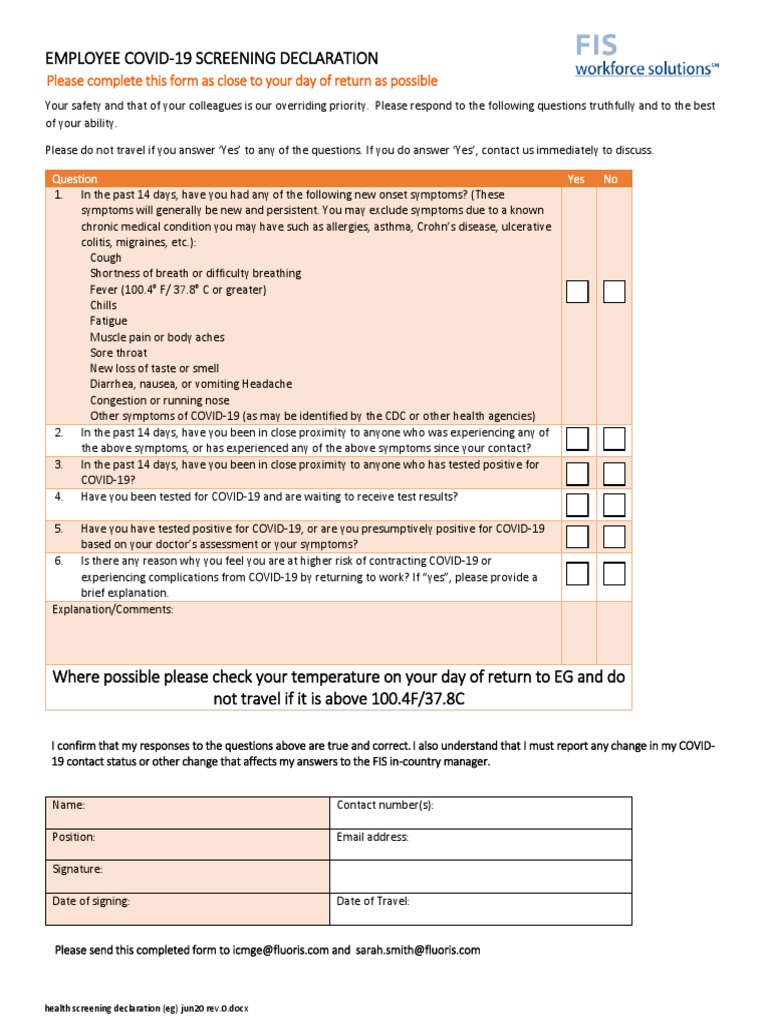 Employee COVID-19 Screening Form | PDF | Symptom | Epidemiology