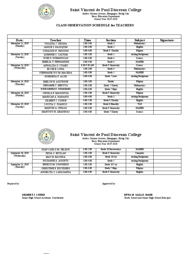 CLASS OBSERVATION SCHEDULE For TEACHERS | PDF