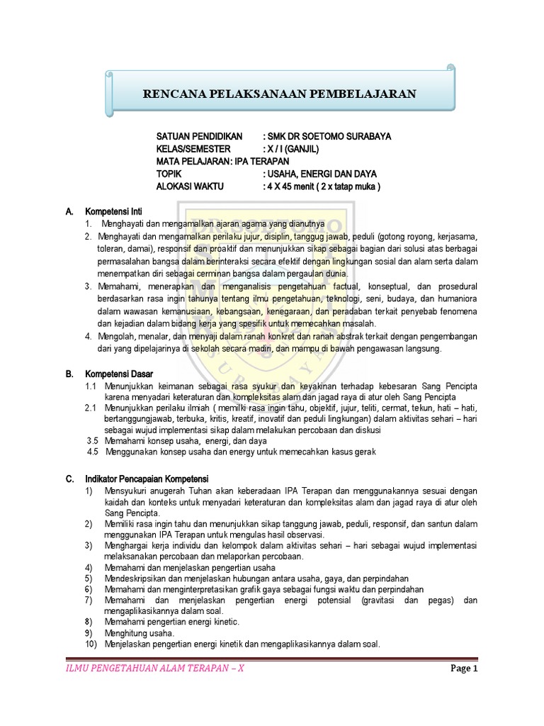 RPP IPA 4 Usaha, Energi Dan Daya | PDF