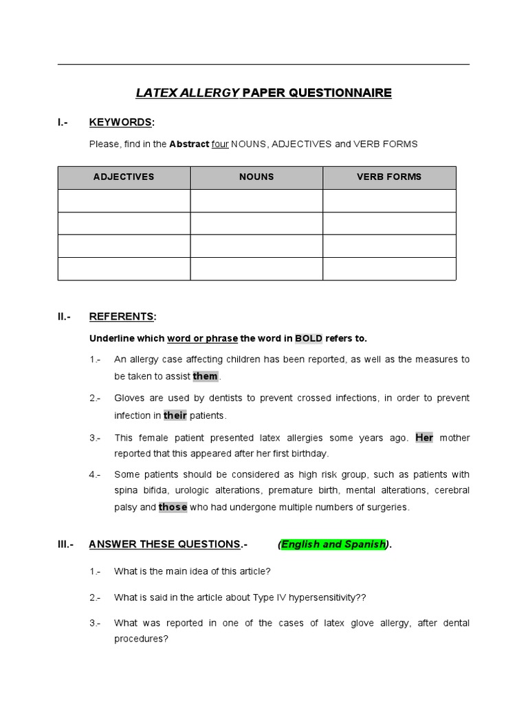 Questionnaire Latex Allergy Paper | PDF