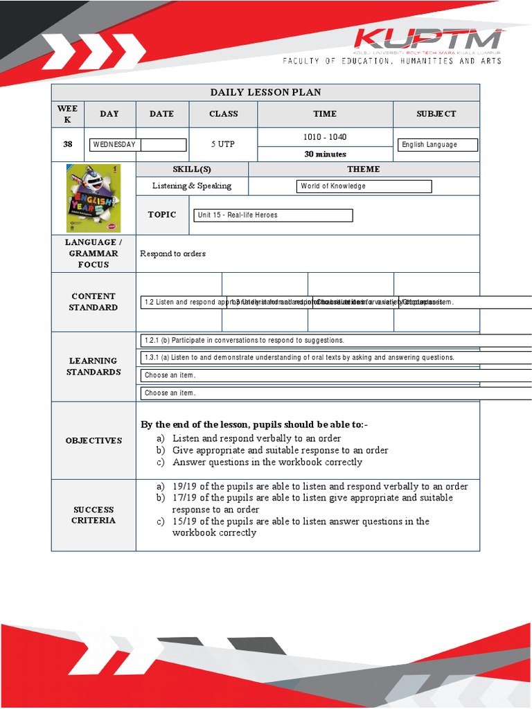 Daily Lesson Plan: WEE K DAY Date Class Time Subject | Download Free ...