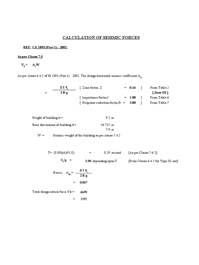 Calculation of Seismic Forces: REF: I.S. 1893 (Part 1) - 2002. As Per Clause 7.5 V A W | PDF ...